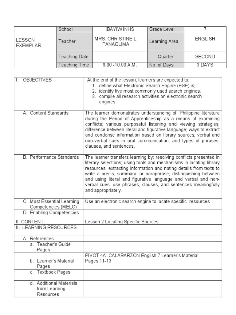 G.7-Lesson-Exemplar - Week 2 .1 | PDF | Libraries | Learning
