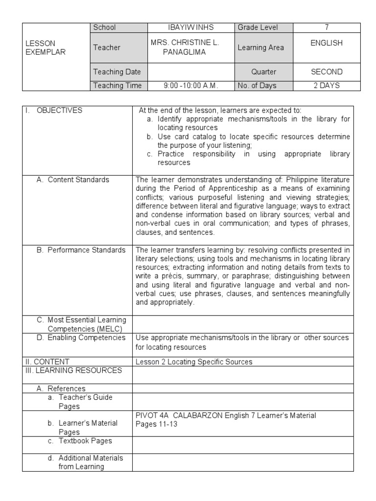 G.7-Lesson-Exemplar - Week 2 | PDF | Learning | Teachers