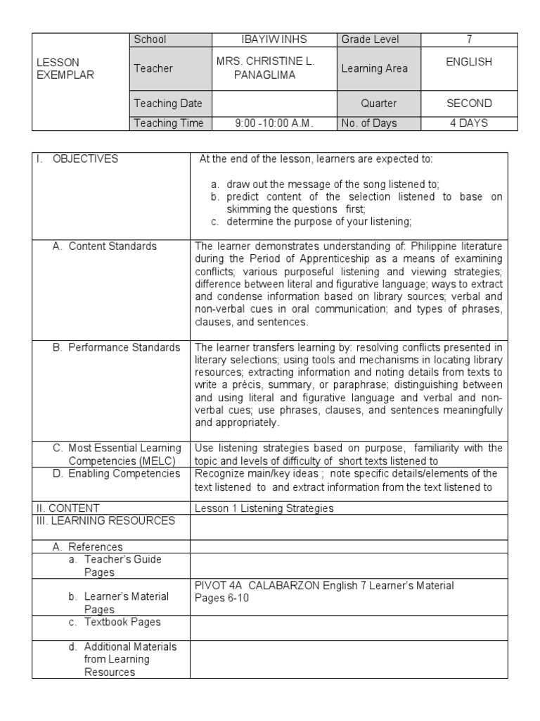 G.7-Lesson-Exemplar-Week 1 | PDF | Learning | Reading Comprehension