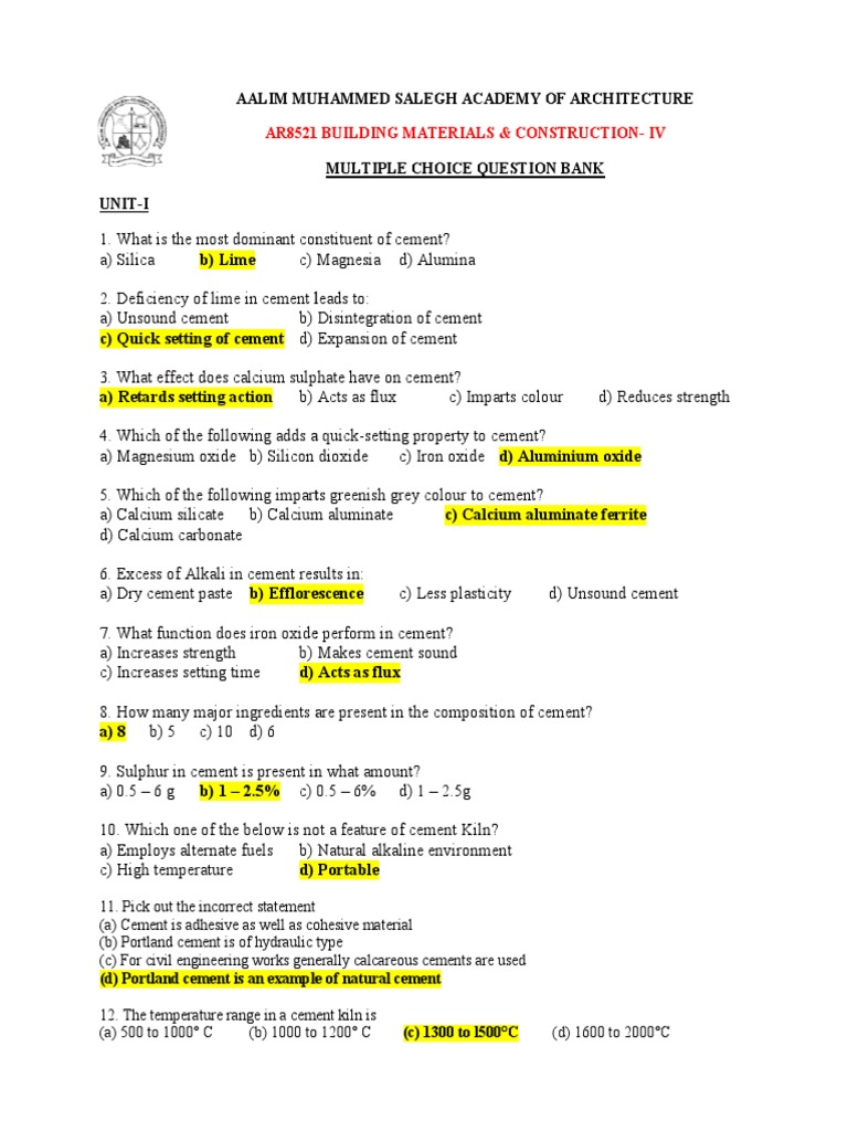 BMC IV - Unit 1 & III - Ar - Jagan | PDF | Concrete | Cement