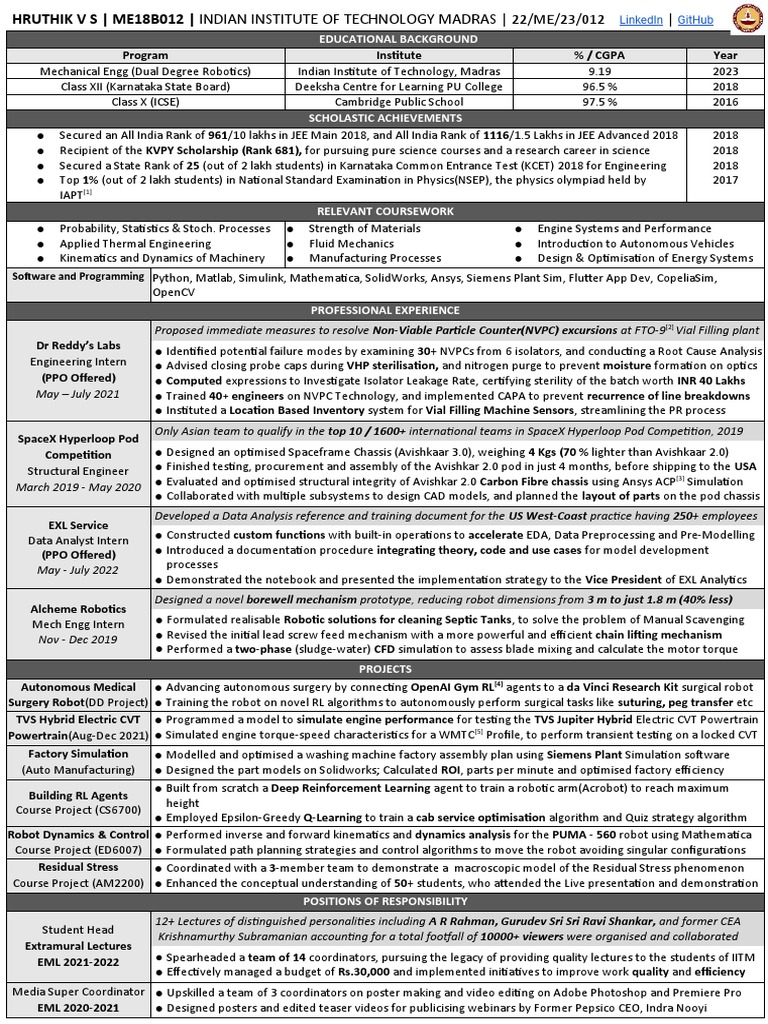 Core Resume (ME18B012) | PDF | Simulation | Robot