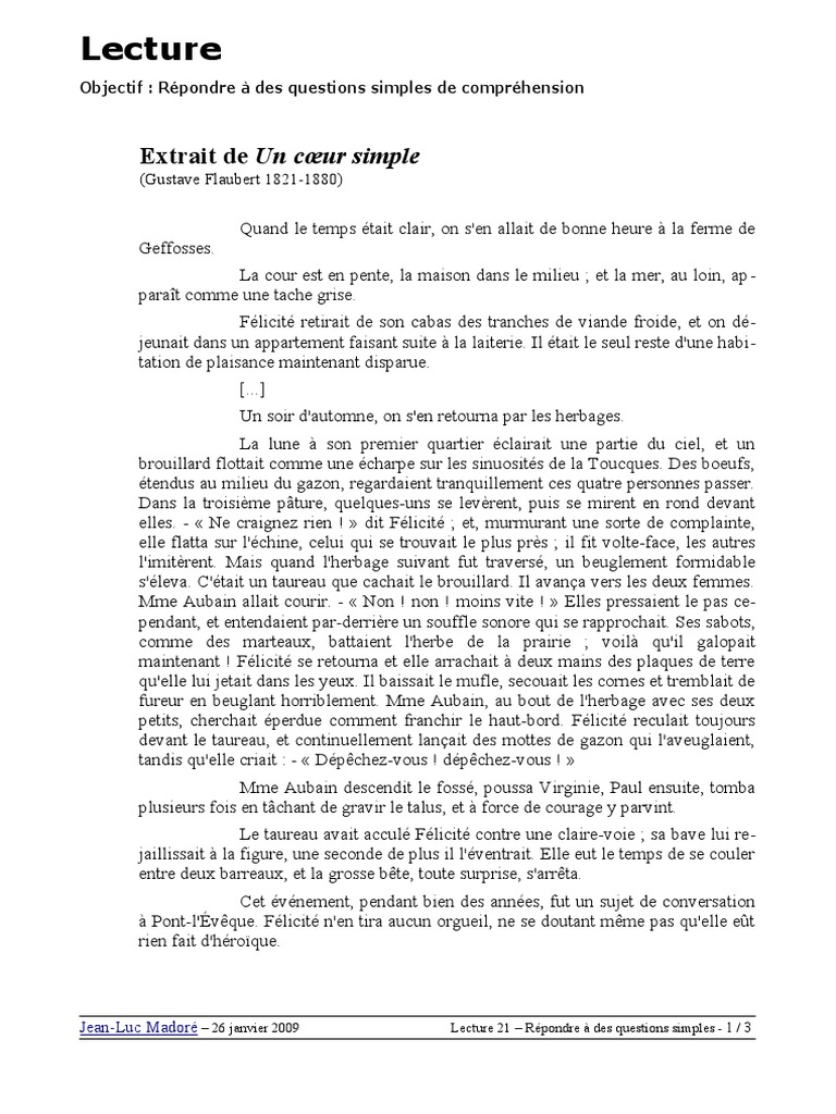 Compréhension de texte : Un cœur simple | PDF | Jeunes adultes