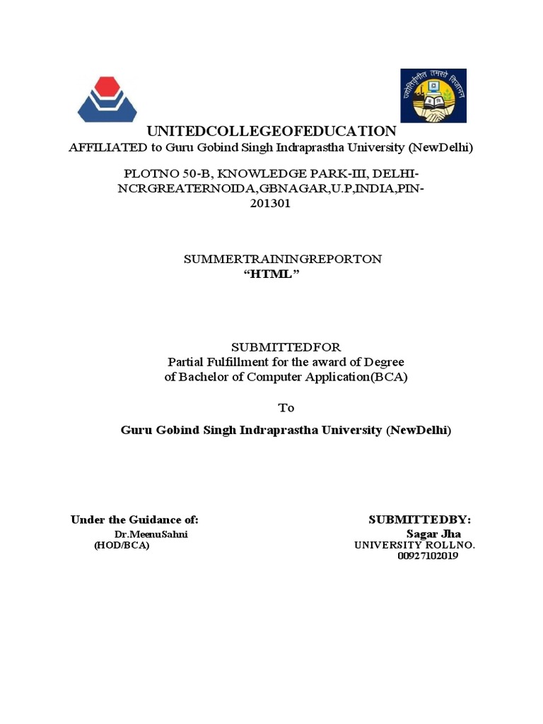 SUMMER TRAINING REPORT ON HTML - BY Sagar Jha BCA 5TH SEM | PDF | Html Element | Html
