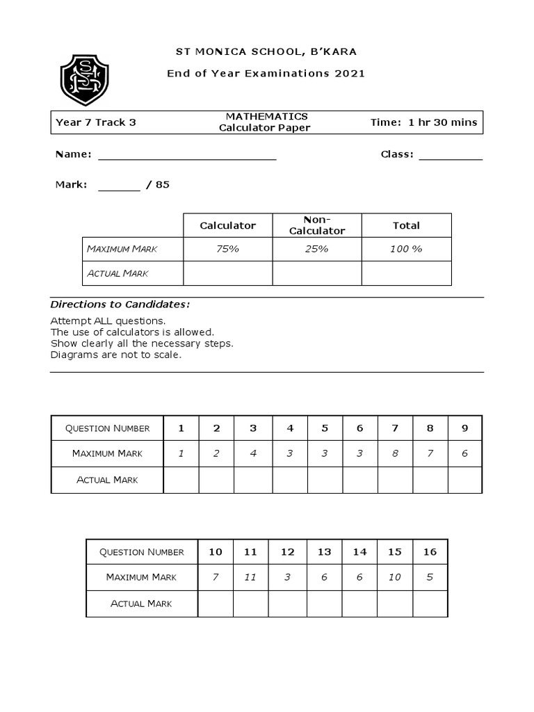 Year 7 Maths Track 3 Calculator Paper Annual 2021 | PDF | Area ...