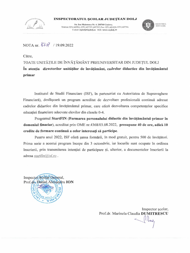 Program de Formare StartFin Pentru Cadrele Didactice Din Invatamantul Primar | PDF