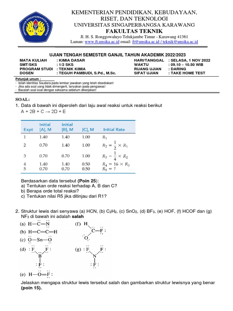 Soal - Teknik Kimia - Semester 1 - Kimia Dasar - Teguh Pambudi | PDF