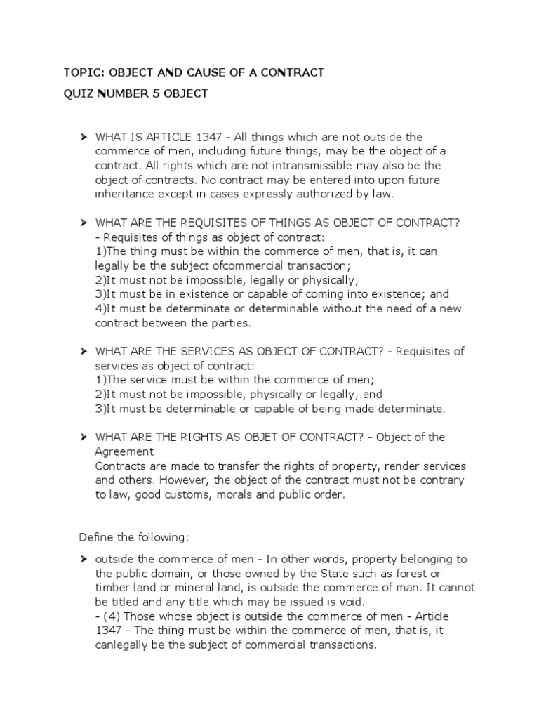 Quiz#5&6-Answer Key-Object and Cause of Contracts | PDF | Inheritance | Crimes