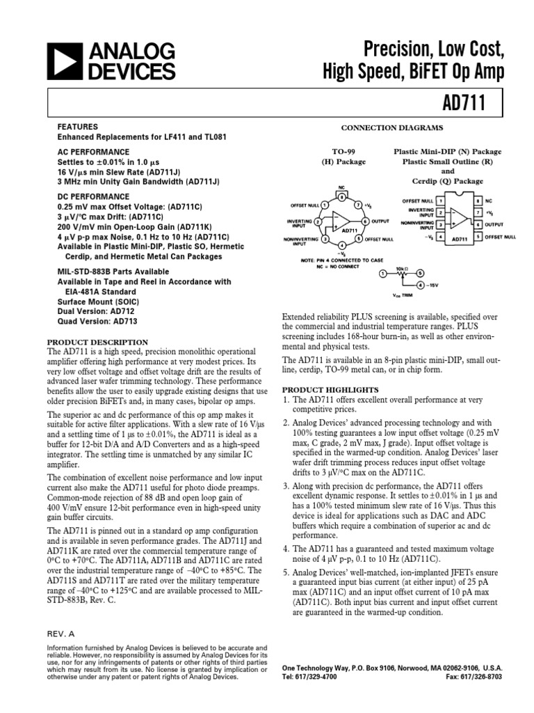 Datasheet AD711 JN | PDF | Amplifier | Operational Amplifier