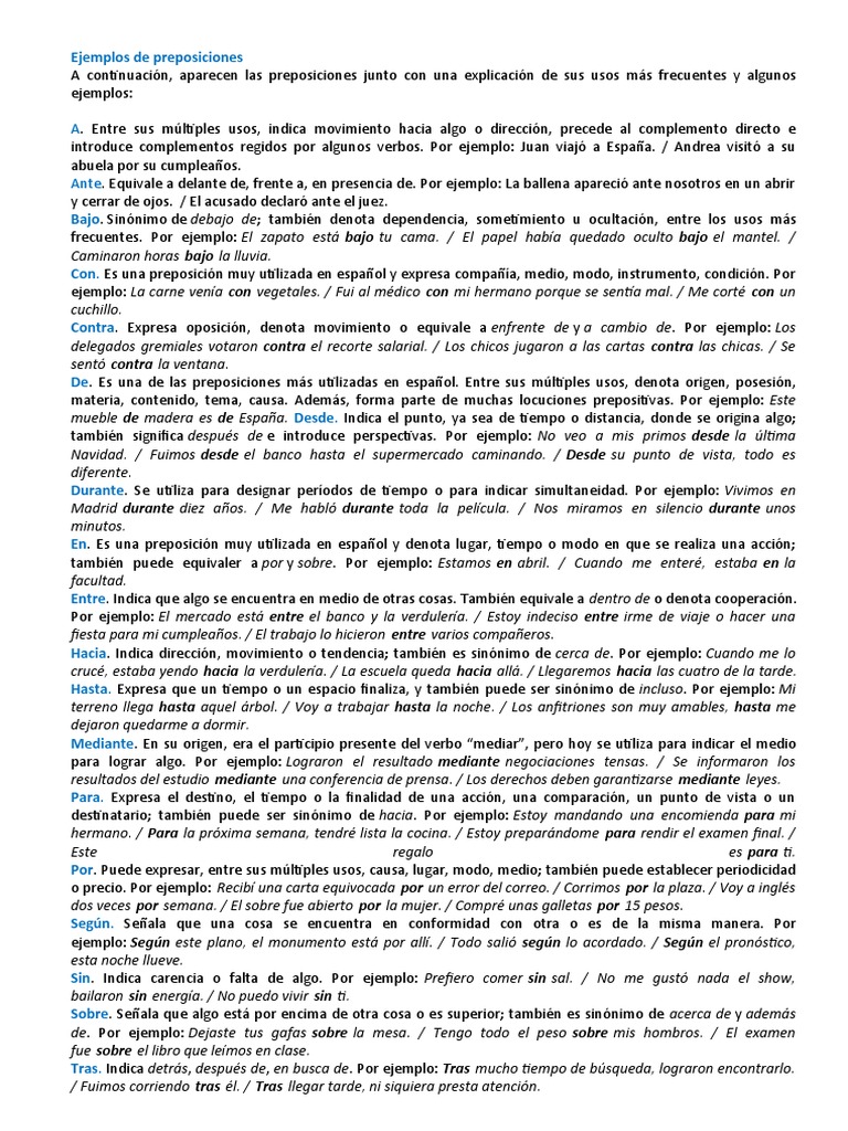 Ejemplos de Preposiciones | PDF | Preposición y Postposición
