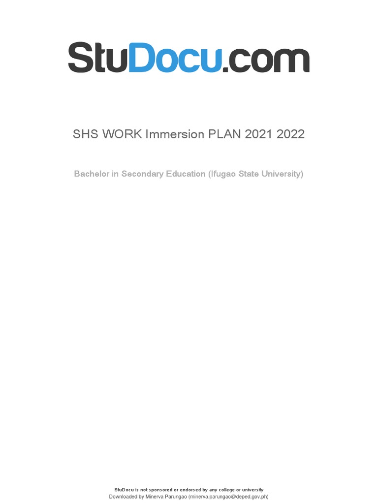 SHS Work Immersion Plan 2021-2022 | PDF | Strategic Planning | Marketing
