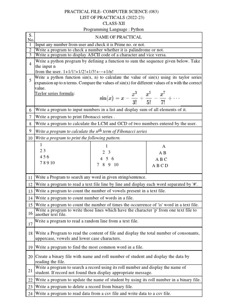 CLass 12 CS Practical File 2022-23 | PDF | Computer Program | Programming CLass 12 CS Practical File 2022-23 | PDF | Computer Program | Programming