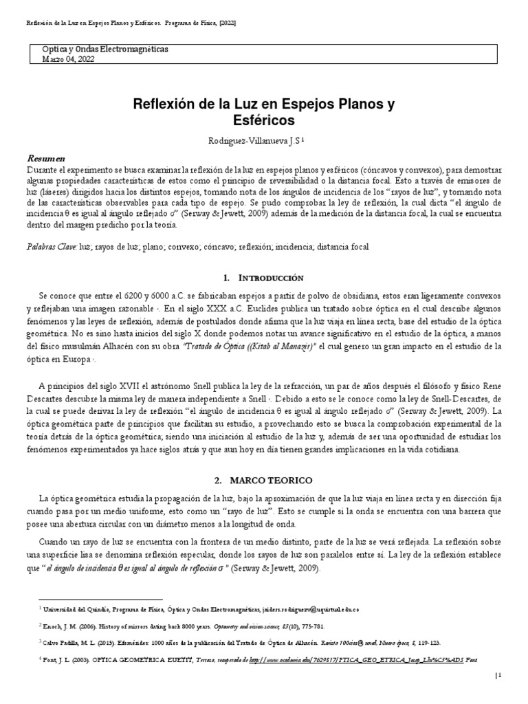Reflexión de La Luz en Espejos Planos y Esféricos | PDF | Óptica | Espejo