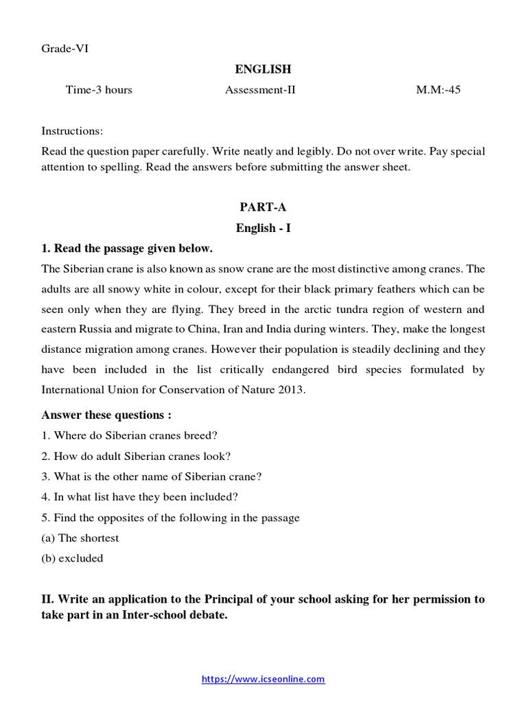 Icse Class 6 Assessment 2 English 230922 2021 | PDF | Birds