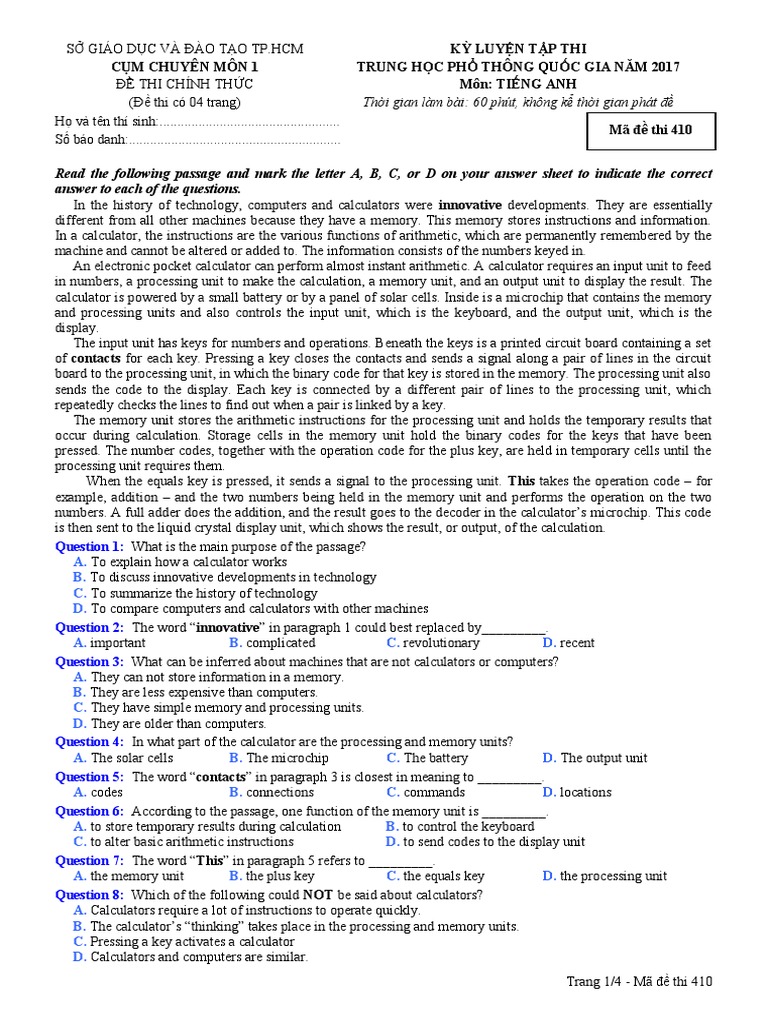 Read The Following Passage and Mark The Letter A, B, C, or D On Your ...