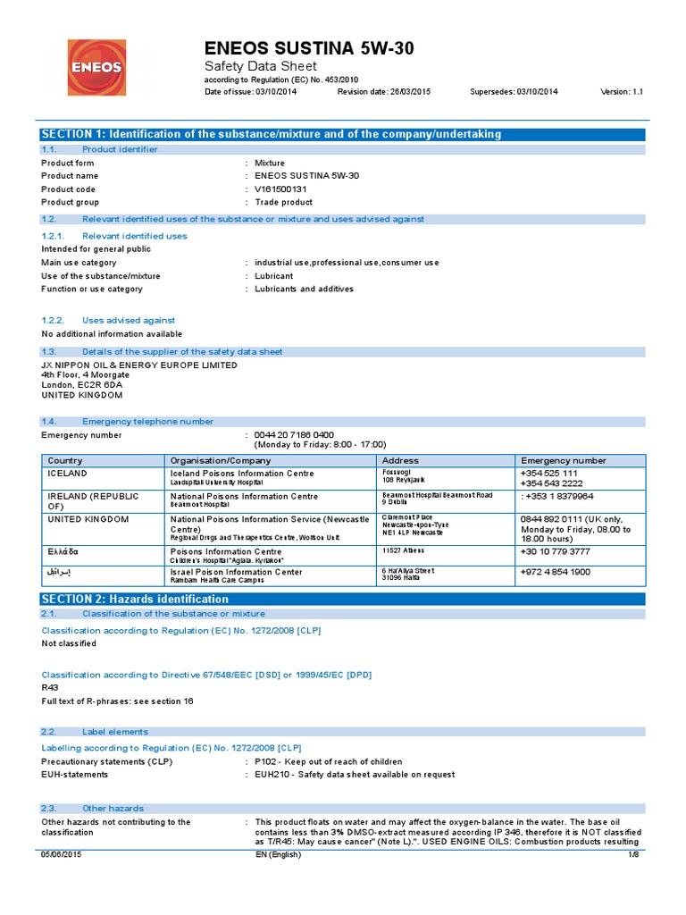 Eneos Sustina 5W30 MSDS | PDF | Dangerous Goods | Firefighting