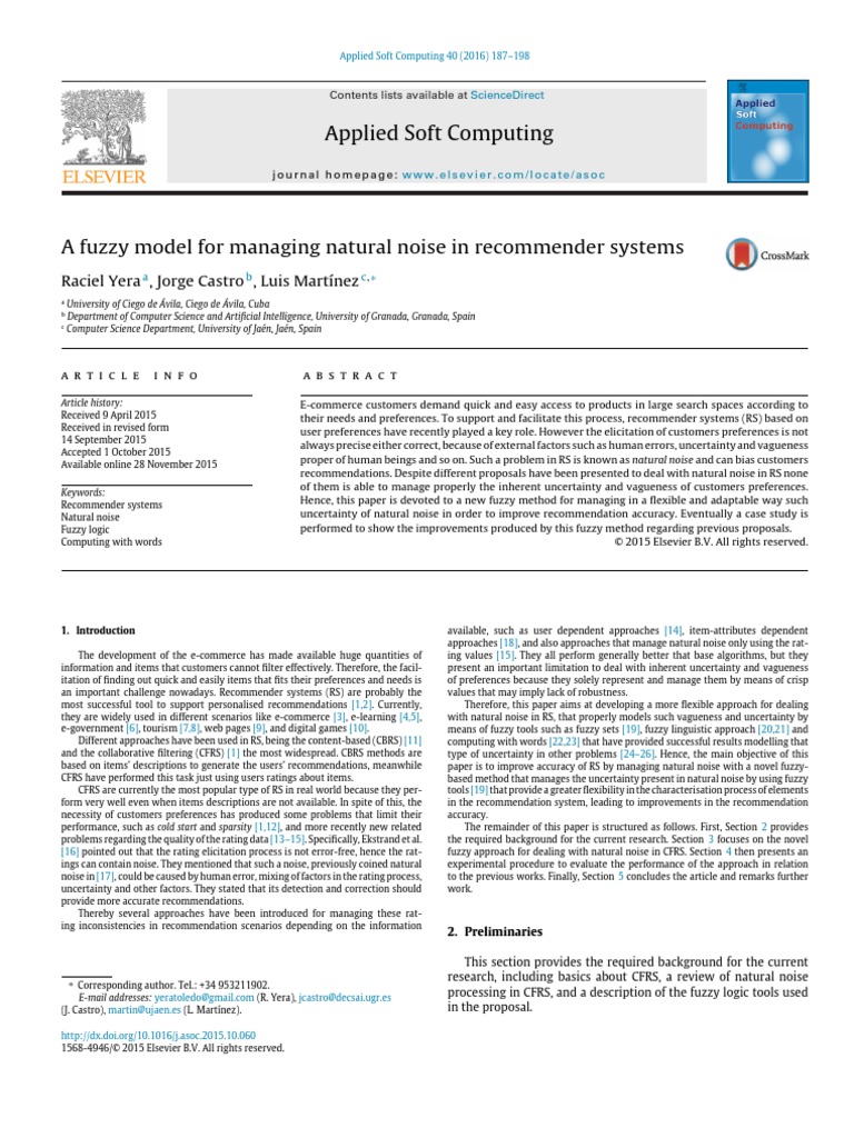 A Fuzzy Model For Managing Natural Noise in Recommender Systems | PDF | Fuzzy Logic | Computing