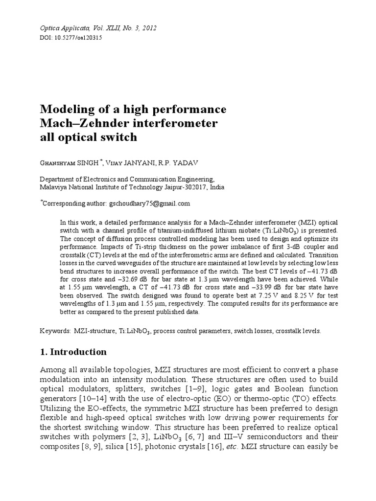 Modeling of A High Performance Mach-Zehnder Interferometer All Optical Switch | Download Free ...