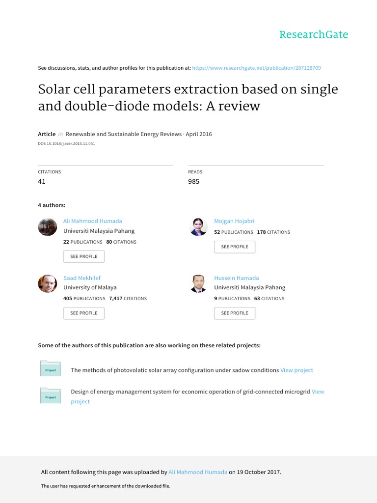 Solar Cell Parameters Extraction Based On Single And Double Diode Models A Review Pdf