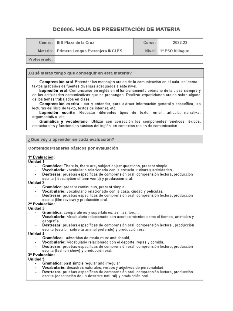 Inglés 1º ESO Bilingue Hoja Presentación 2022 23 - Documentos de Google | PDF | Evaluación ...