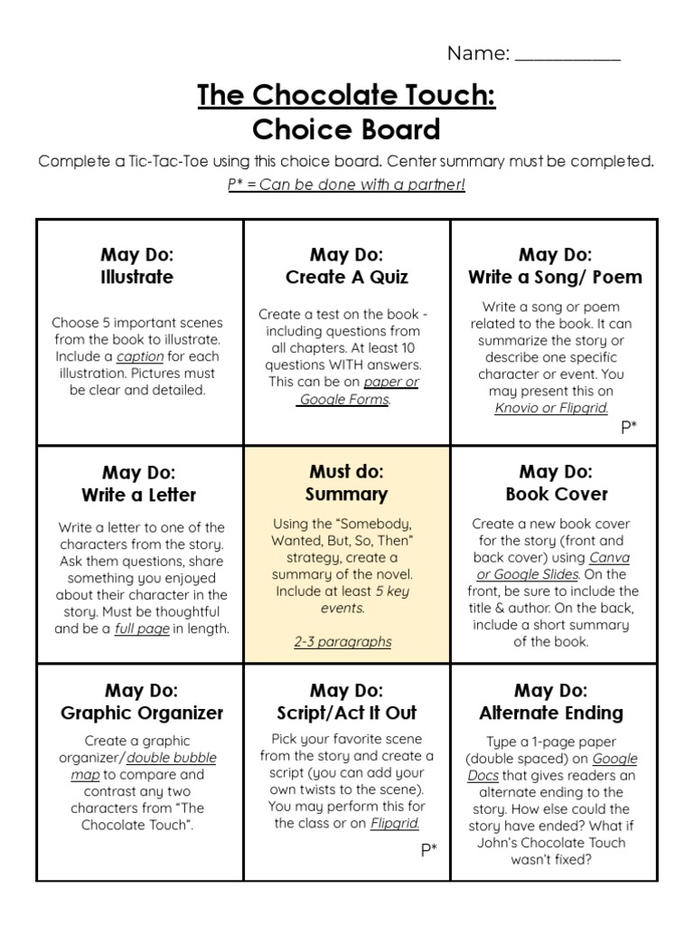 The Chocolate Touch Choice Board | PDF | Books