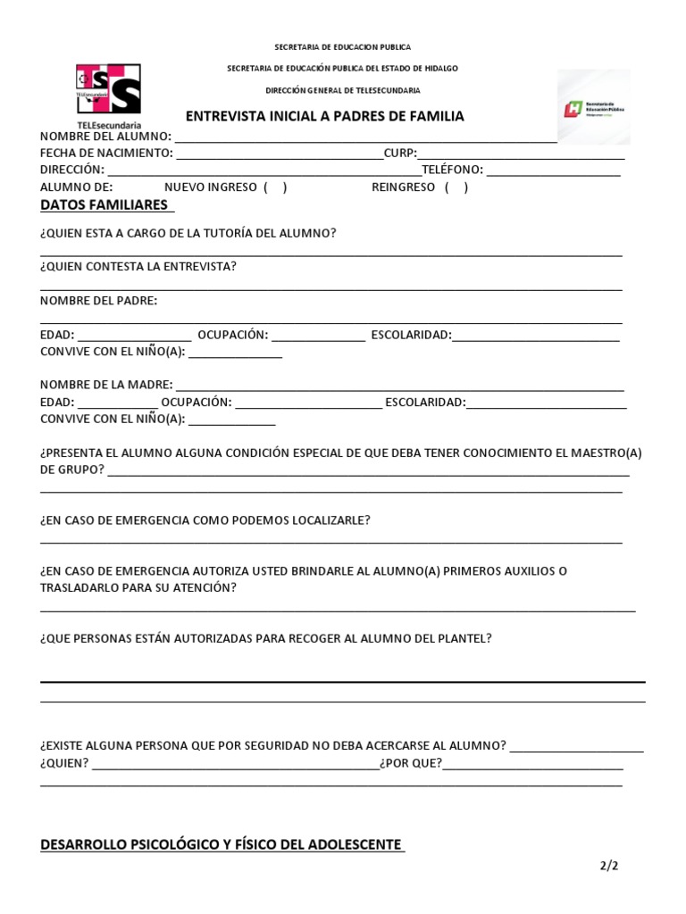 Entrevista Inicial A Padres de Familia | PDF