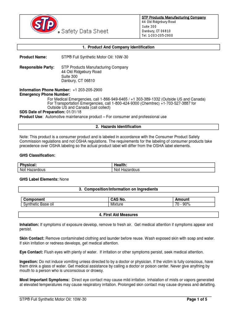 STP Full Synthetic Motor Oil 10W 30 SDS | PDF | Firefighting | Personal ...