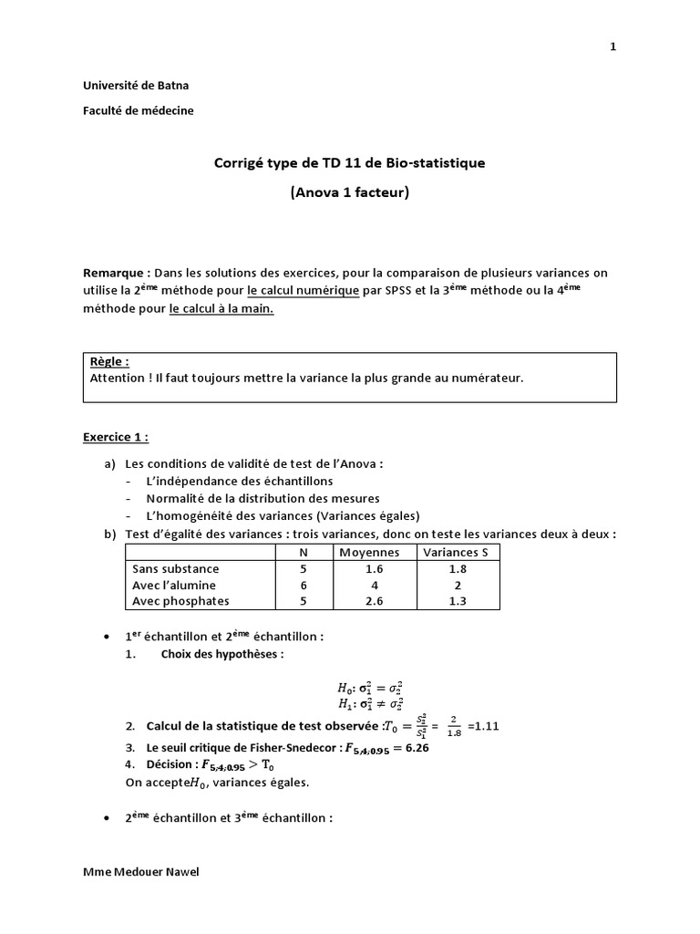 Corrige Type Du TD 11. Anova | PDF | Analyse de la variance | Variance (mathématiques)