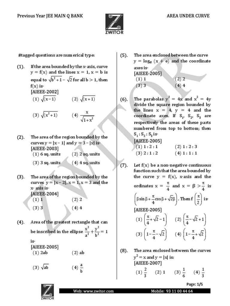 JEE Main Area Under Curve Questions | PDF | Area | Mathematics