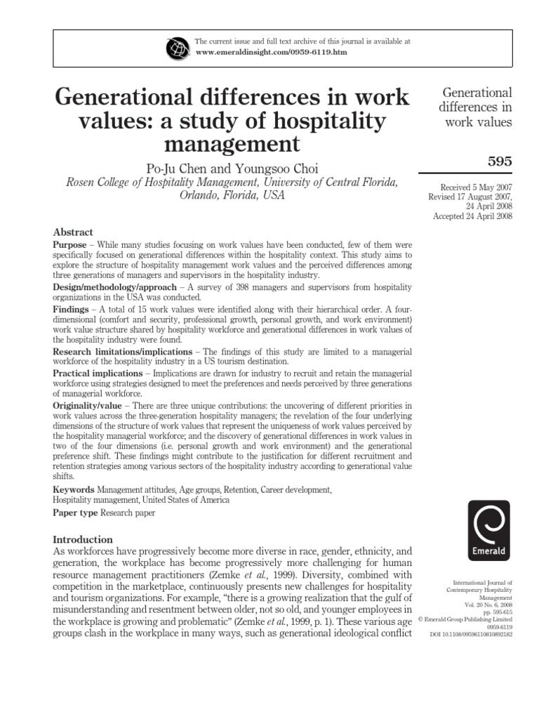 Generational Differences in Work Values: A Study of Hospitality ...