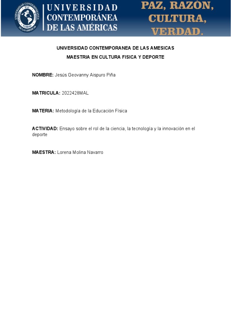 Ensayo Ciecia, Tecnologia e Innovación en El Deporte Jesus Geovanny ...