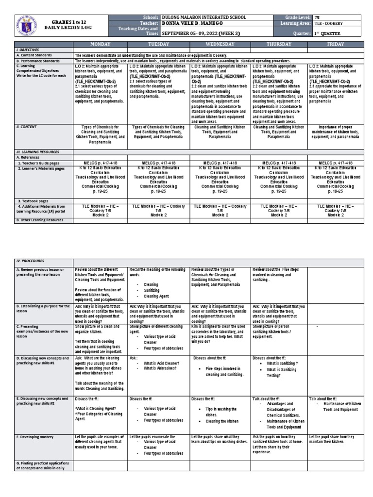 DLL - Tle Week3 | PDF | Kitchen Utensil | Learning