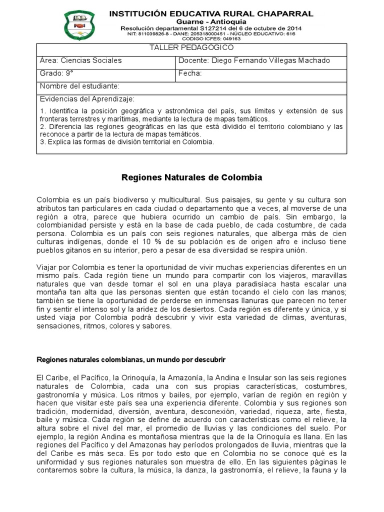 Taller N°8 Regiones Naturales de Colombia 9° 4p 2022 - Dville | PDF ...