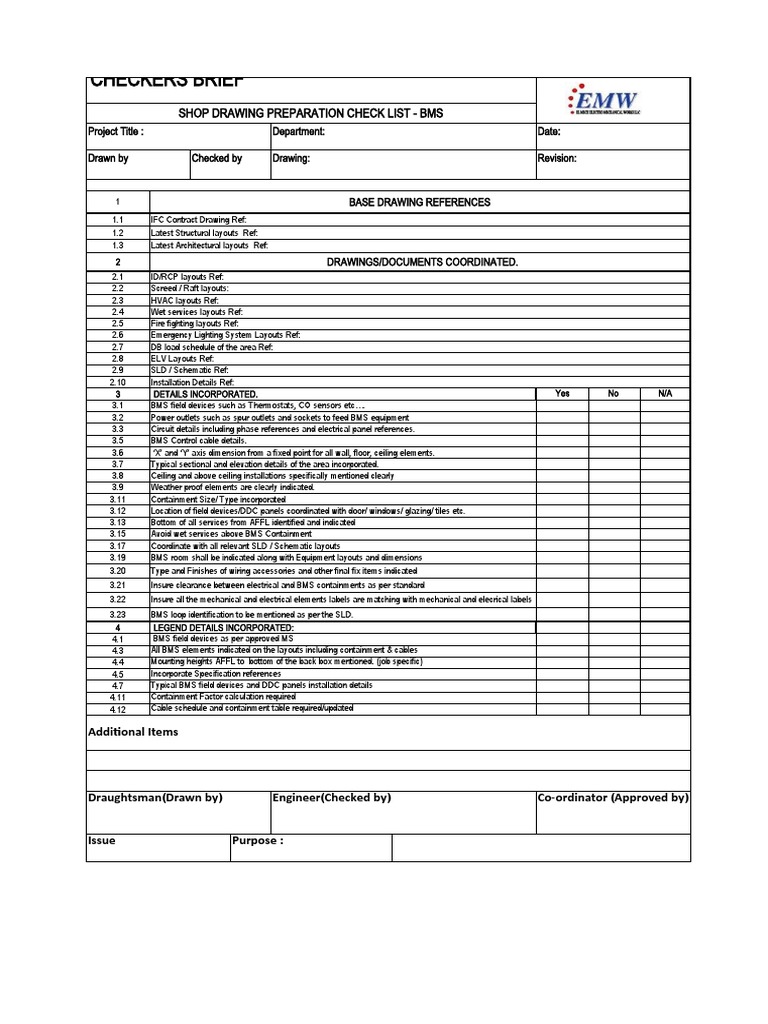 BMS Shop Drawing Preparation Checklist | PDF | Ac Power Plugs And ...