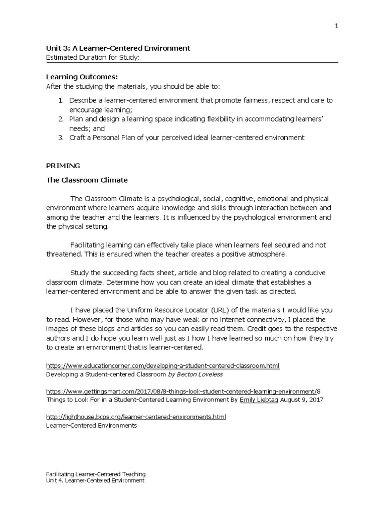 Unit 3 A Learner Centered Environment | PDF | Learning | Distance Education
