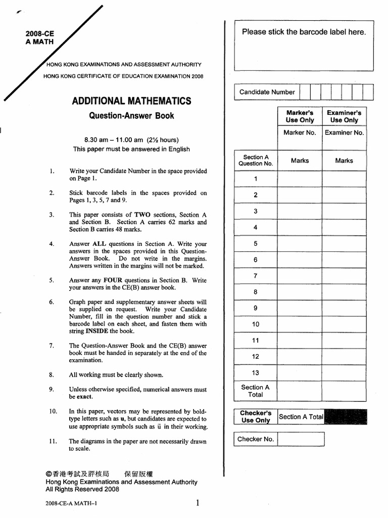 HKCEE Add - Maths 2008 | PDF