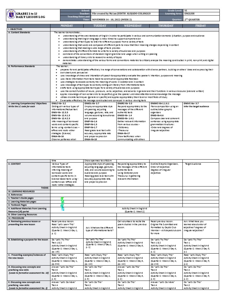 DLL - English 6 - Q2 - W2 | PDF | English Language | Cognitive Science