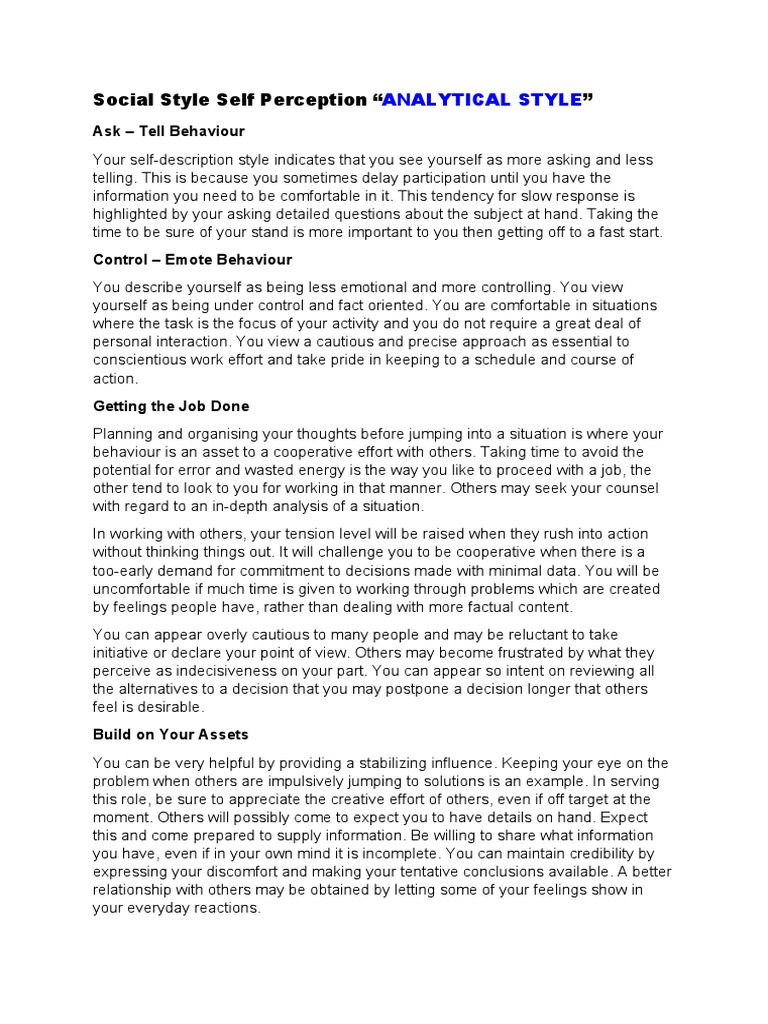 Social Style Self Perception Descriptions Galway | PDF | Feeling | Behavior