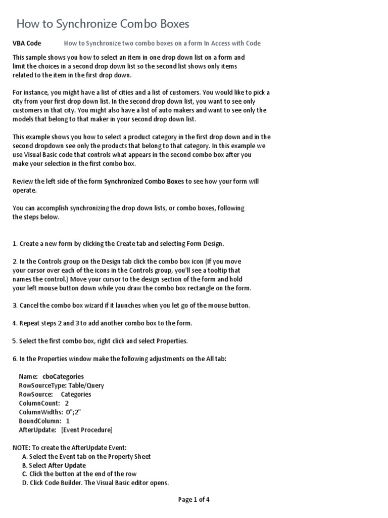 How To Synchronize Two Combo Boxes On A Form in Access With Code | PDF | Table (Database ...
