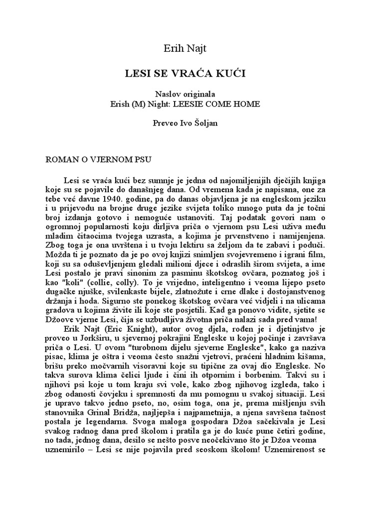 Lesi Se Vraća Kući, Erih Najt | PDF