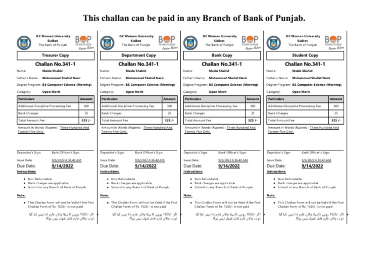GCWU Sialkot Fee Challan Details | PDF | Fee | Government Of India
