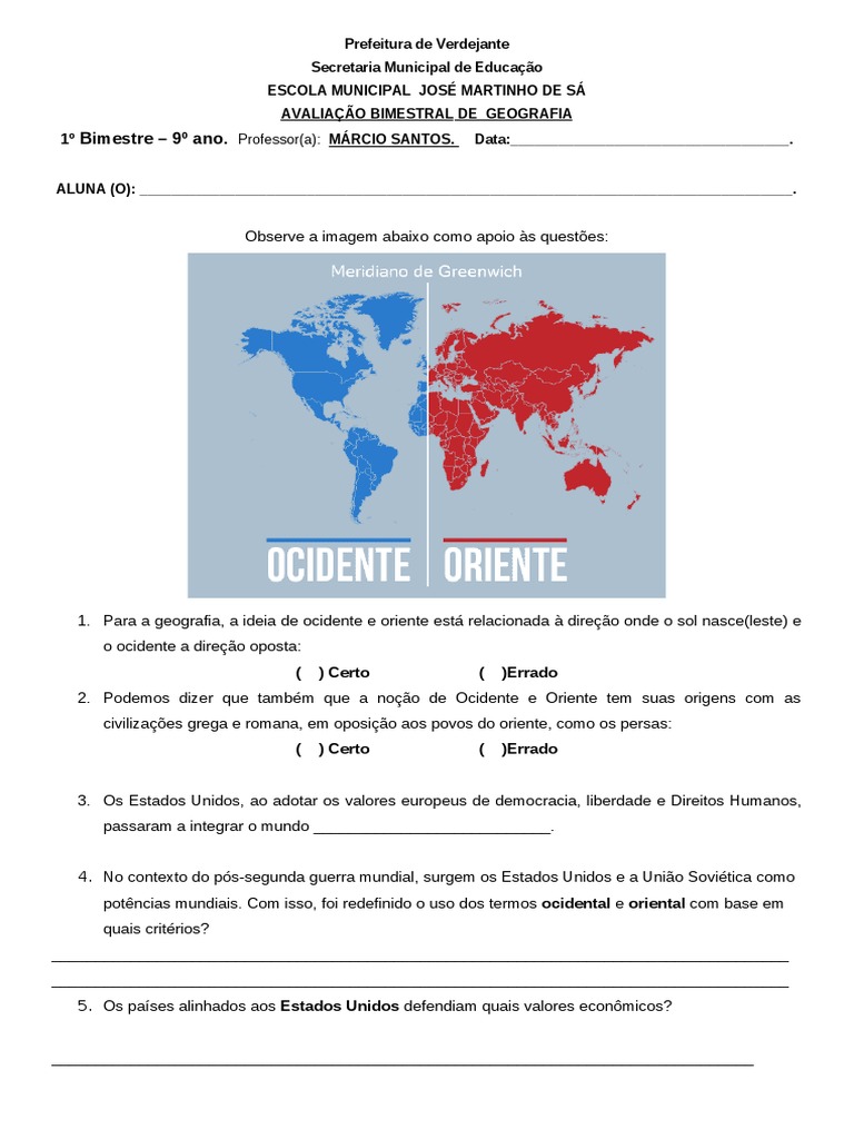 Avaliação bimestral de geografia sobre Ocidente e Oriente | PDF | Mundo ...