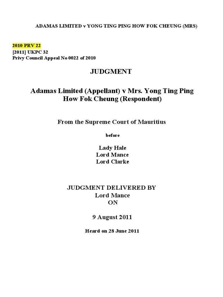 ADAMAS LIMITED V YONG TING PING HOW FOK CHEUNG (MRS) 2010 PRV 22 ...