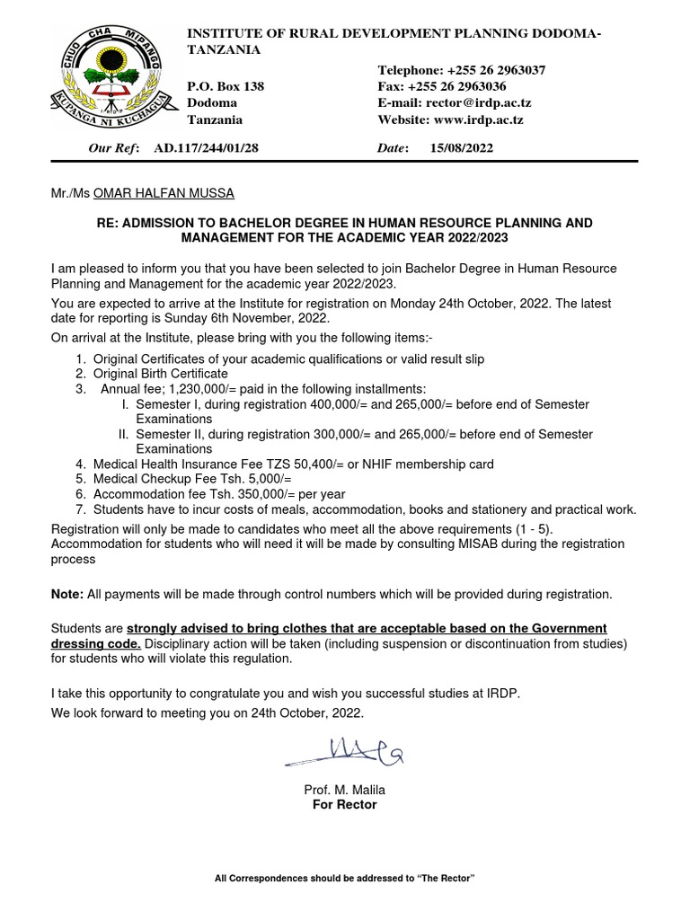 Admission Letter Omar Mussa | PDF | Public Services | Health Care