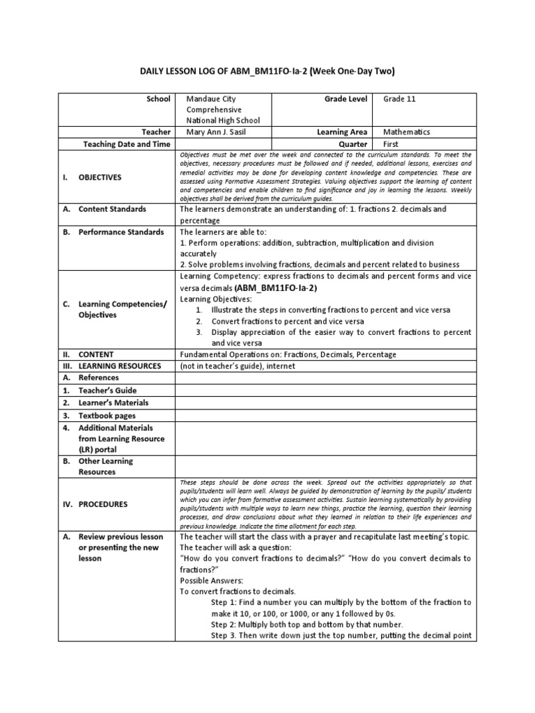 ABM Grade 11 Math Lesson Plan: Fractions | PDF | Teaching Methods ...