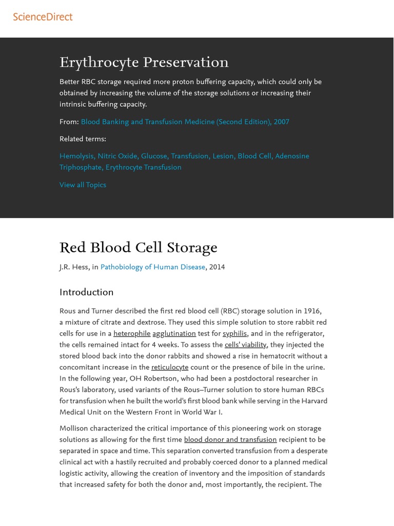 Erythrocyte Preservation: Red Blood Cell Storage | PDF | Red Blood Cell | Blood Transfusion