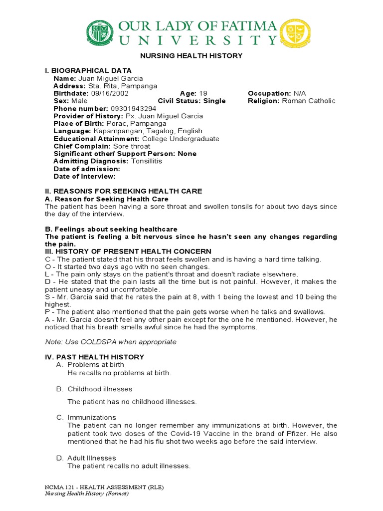 NCMA121.HAs RLE Nursing Health History Format 1 | PDF | Patient | Pain