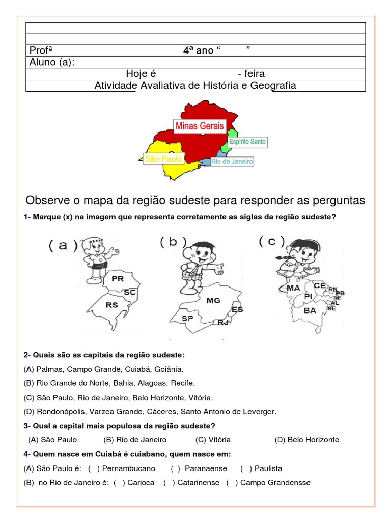 Atividade de História e Geografia sobre a Região Sudeste Brasileira ...