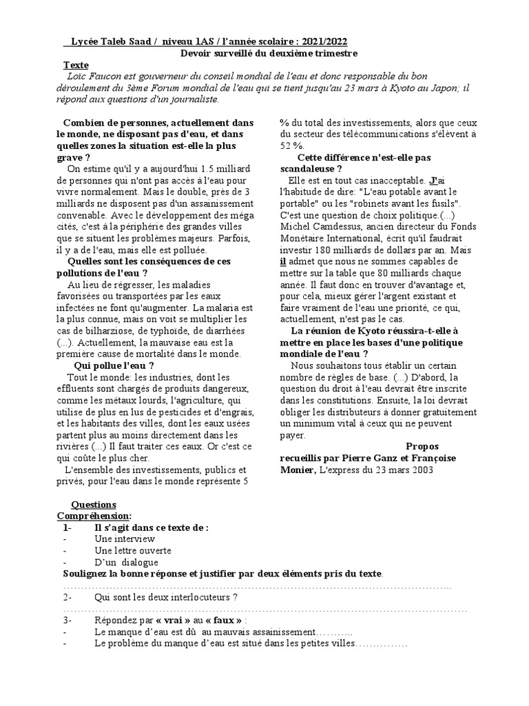 Devoir 1as Interview | PDF | Eau | Pollution de l'eau