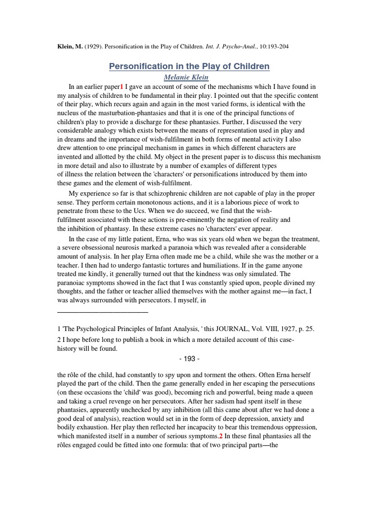 Klein M. 1929. Personification in The Play of Children | PDF | Id ...