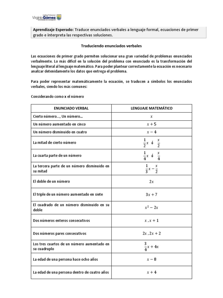 Guia 4 Problemas Con Enunciado Verbal A Mat | PDF | Ecuaciones | Conceptos matemáticos